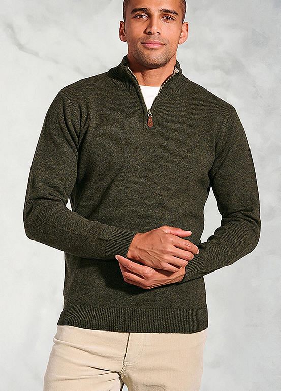 Brook Taverner Rutherford Khaki Lambswool Zip Neck Jumper | Kaleidoscope