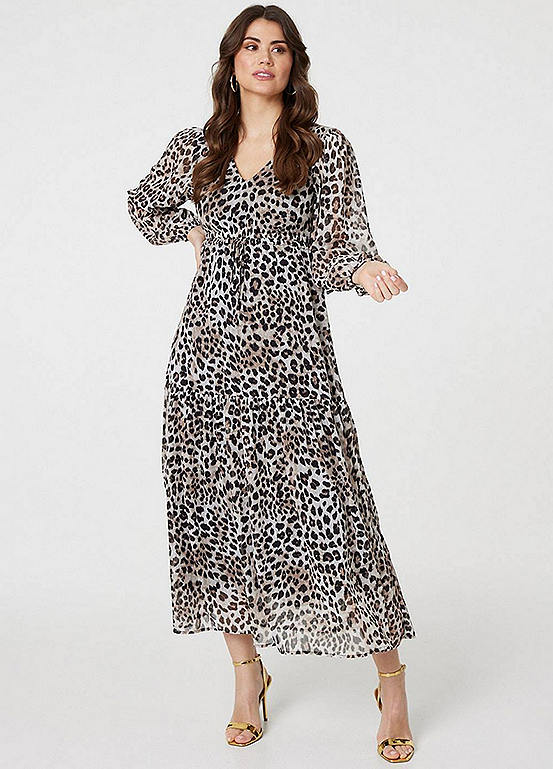 Izabel London Beige Animal Print Semi Sheer Tiered Maxi Dress ...