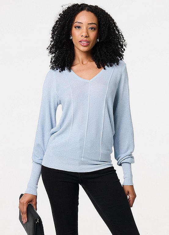 Izabel London Blue Metallic Stripe Detail Fitted Top | Kaleidoscope