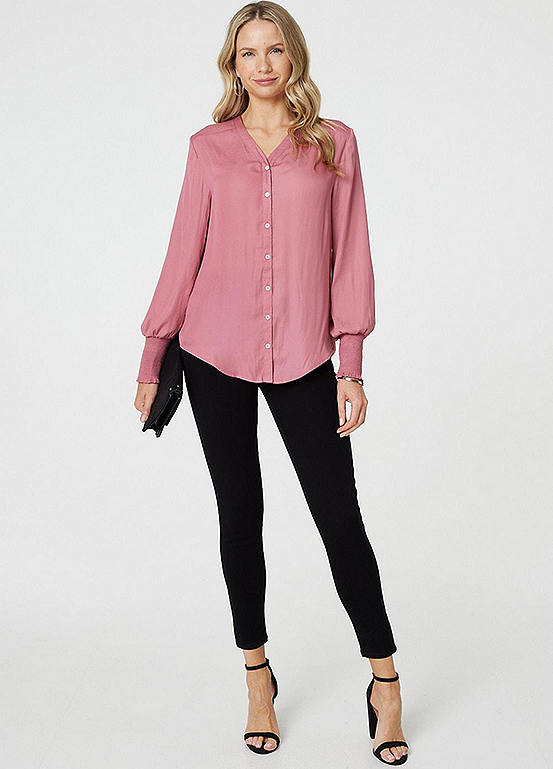 Izabel London Dark Pink Collarless Button Up Long Sleeve Shirt ...