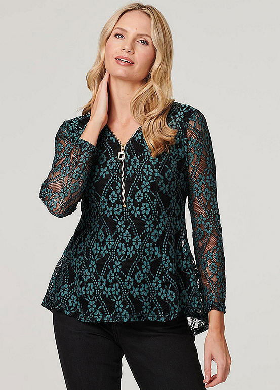 Izabel London Floral Lace Zip Front Top | Kaleidoscope