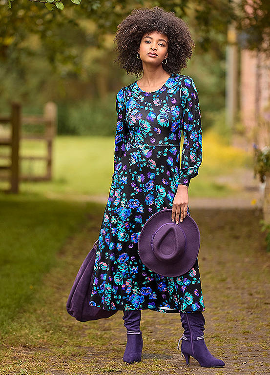 Joe Browns Floral Midi Jersey Dress With Elasticated Cuffs Kaleidoscope