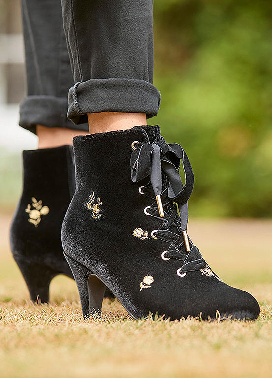Joe Browns Gold Floral Embroidered Velvet Ankle Boots with Ribbon Laces ...
