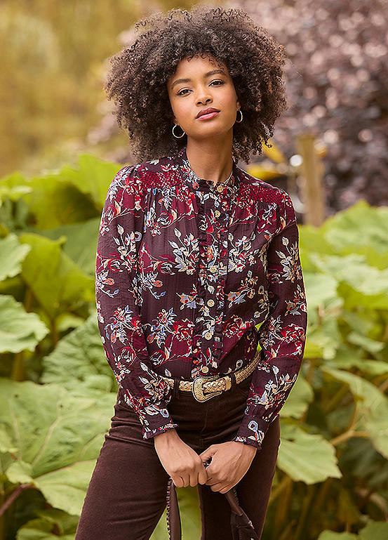 Joe Browns Ruffle-Front Dark Floral Sheer Blouse with Cami | Kaleidoscope