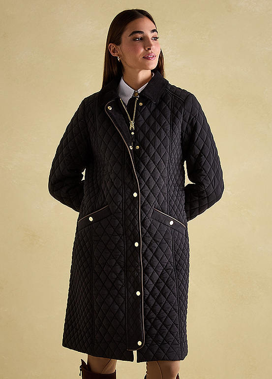 Joules Rosewell Showerproof Longline Diamond Quilted Coat | Kaleidoscope