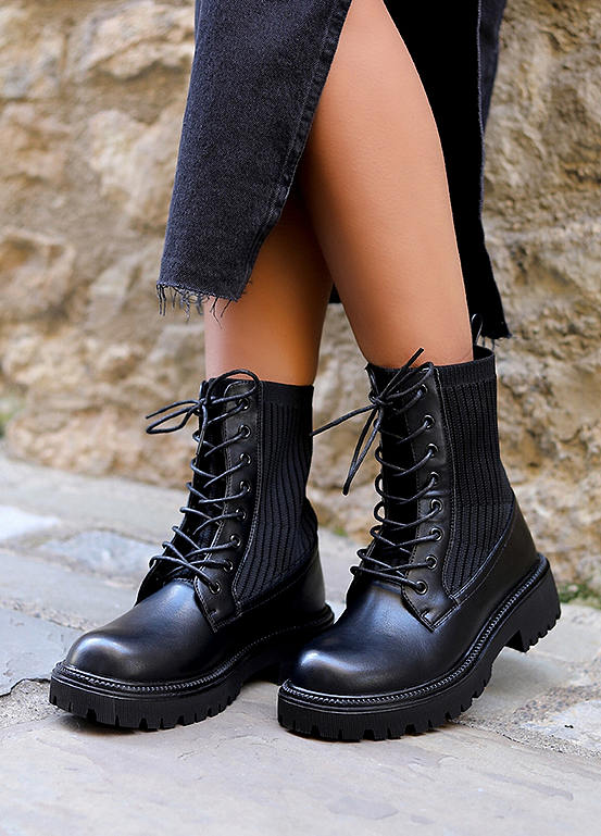 Linzi Blizzard Black Faux Leather & Chunky Knit Military Boots ...