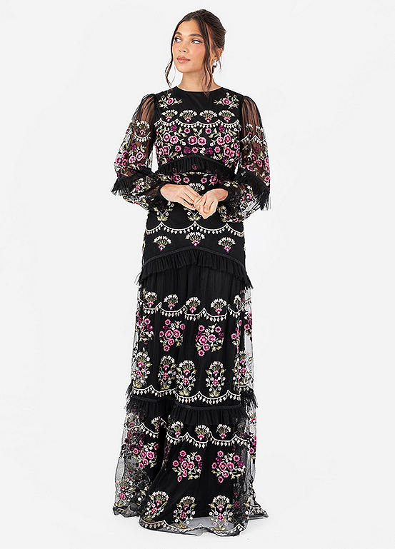 Maya Deluxe All-Over Embroidered Premium Maxi Dress with Ruffles ...