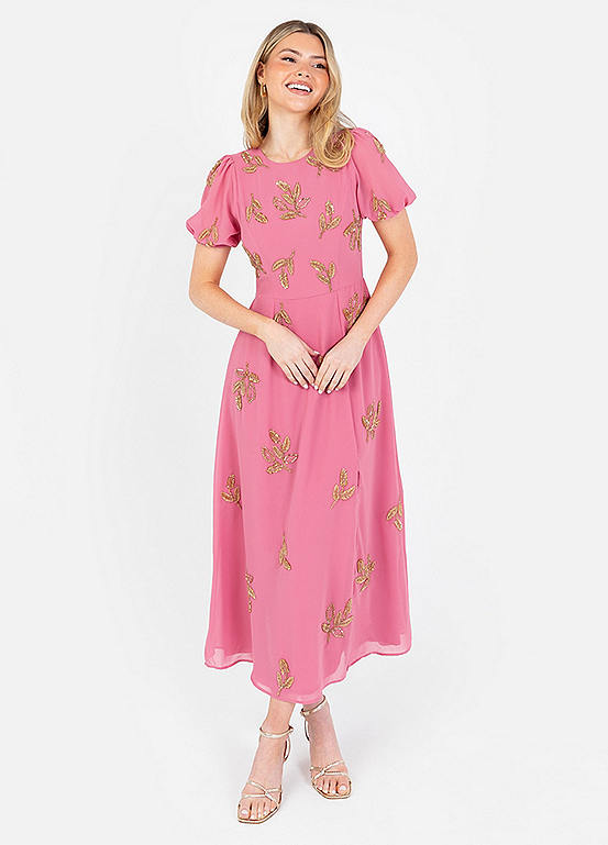 Maya Deluxe Rosey Pink Floral Motif Short Sleeve Midaxi Dress with Self ...