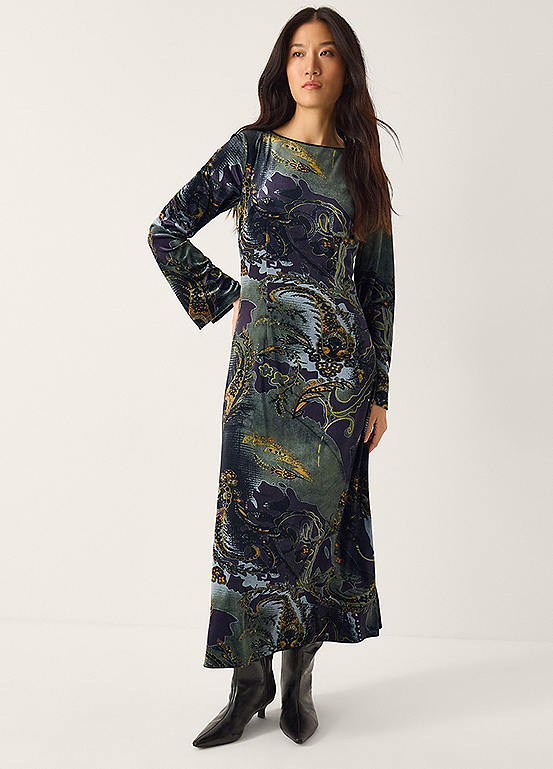 Monsoon Delta Print Velvet Jersey Midi Dress | Kaleidoscope