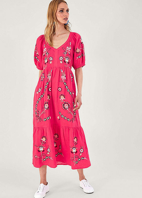 Monsoon Embroidered Midi Dress in Linen Blend | Kaleidoscope