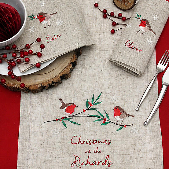 Peggy Wilkins Personalised Embroidered Christmas Robin Table Runner ...