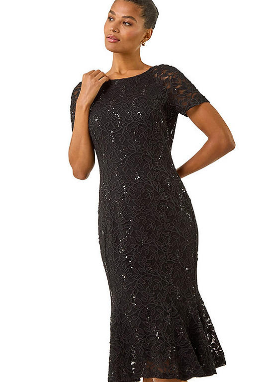 Roman Leaf Lace Sequin Midi Dress | Kaleidoscope