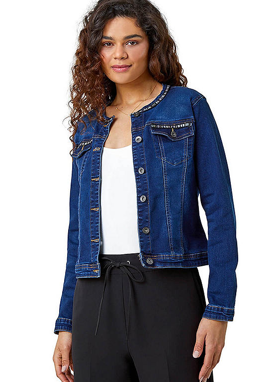 Roman Originals Collarless Tape Stretch Denim Jacket | Kaleidoscope