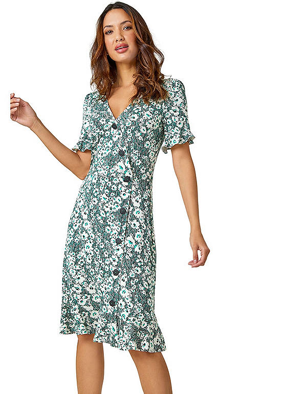 Roman Originals Stretch Floral Print Button Tea Dress | Kaleidoscope