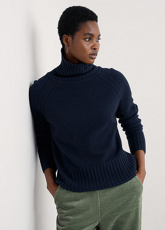 Seasalt Cornwall Navy Basset Cove Roll Neck Jumper with Merino ...