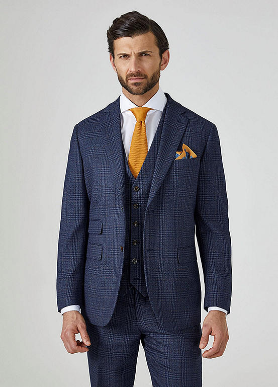 Skopes Woolf Navy Blue Check Tailored Fit Suit Jacket | Kaleidoscope