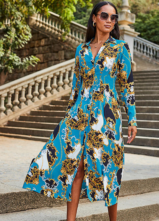 Sosandar Blue Multi Print Midi Shirt Dress | Kaleidoscope
