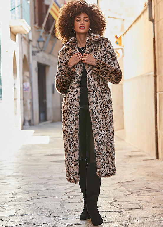 Sosandar Leopard Print Premium Faux Fur Longline Coat | Kaleidoscope