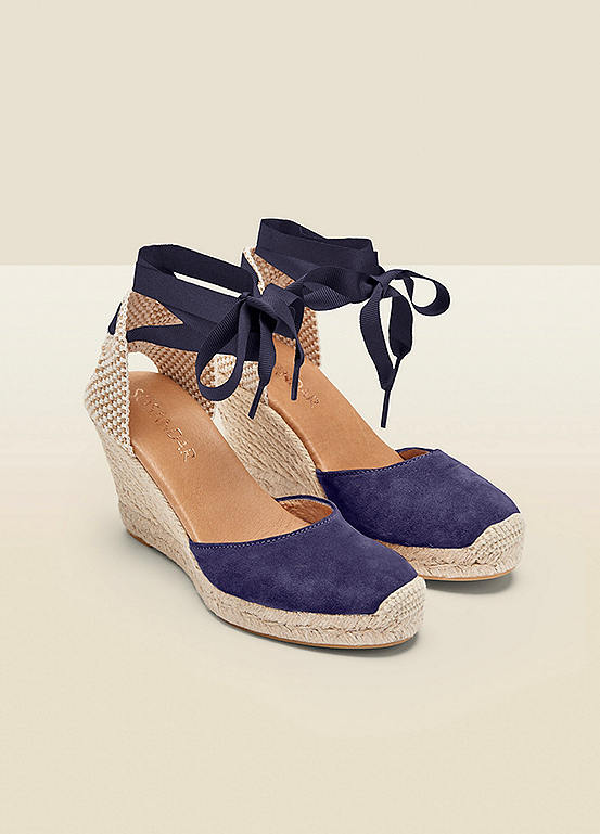 Sosandar Perla Navy Blue Suede Valenciana Wedge Espadrille Sandals ...