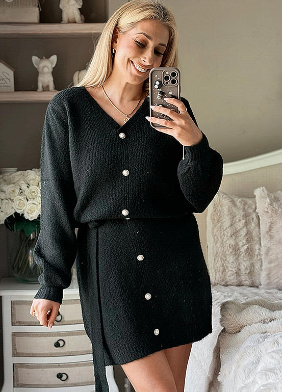 Stacey Solomon Black Recycled Pearl Button Detail Knit Mini Dress ...