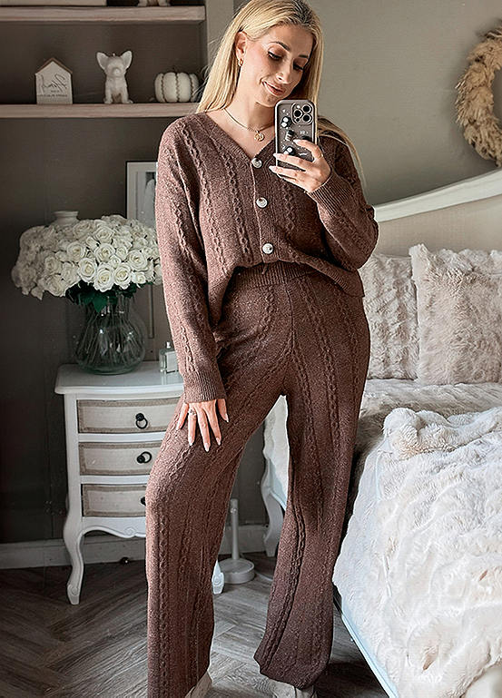 Stacey Solomon Chocolate Recycled Wide Leg Cable Knit Co-Ord Trousers ...