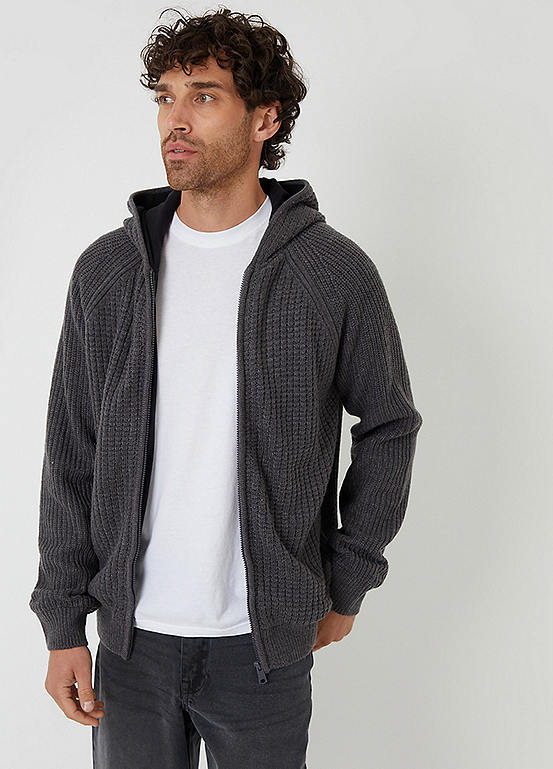 Threadbare Charcoal Zip-Up Knitted Hoodie With Microfleece Lining ...