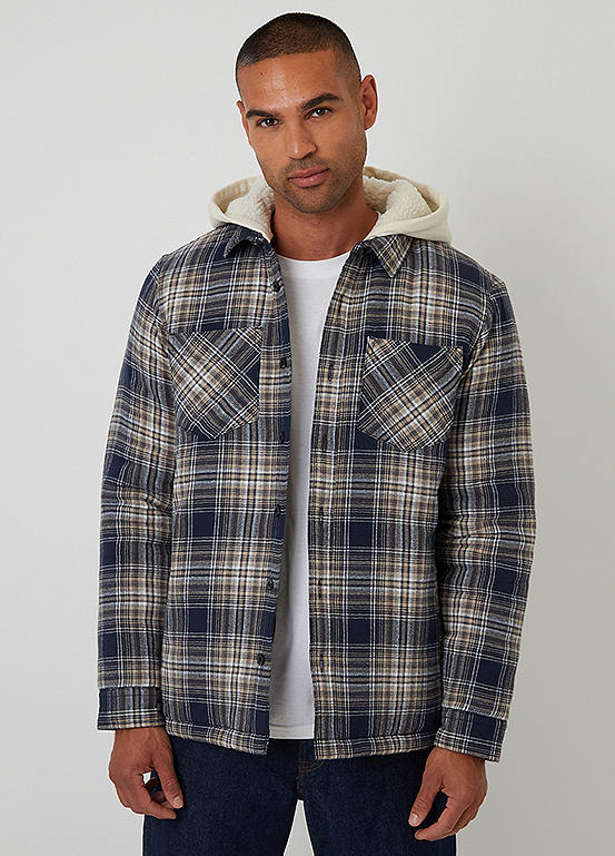 Threadbare Navy Check Quilted Shacket with Borg Lined Hood | Kaleidoscope