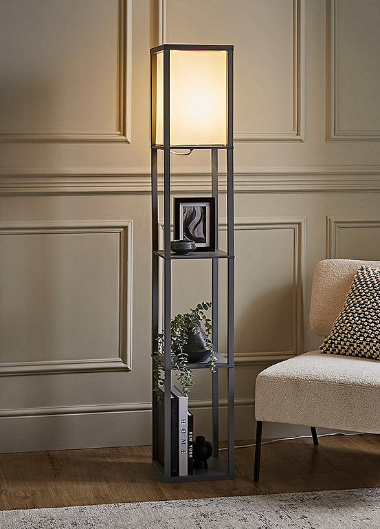 ValueLights Struttura Grey Shelving Unit Floor Lamp with Fabric Shade ...