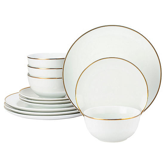Waterside Set of 12 Piece Gold Rim Porcelain Dinner Set | Kaleidoscope