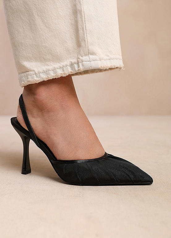 Where’s That From Black Satin Maldives Pointed Toe Heel with Strap ...
