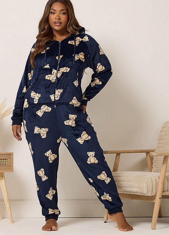 Yours Curve Teddy Bear Print Onesie | Kaleidoscope