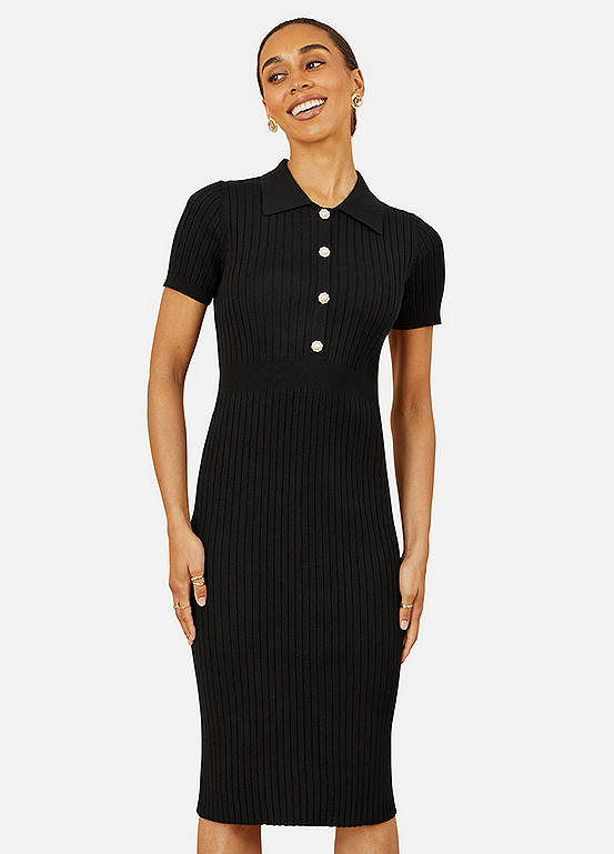 Yumi Fitted Rib Knitted Midi Dress with Daisy Buttons | Kaleidoscope