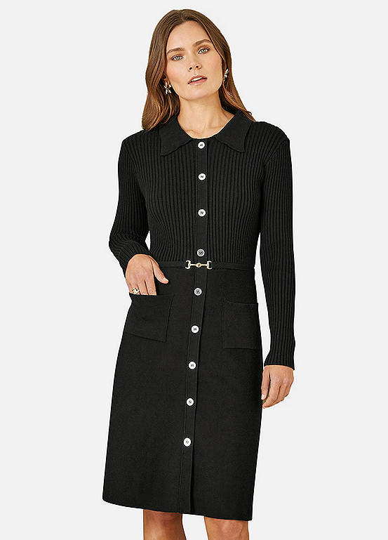 Yumi Rib Knit Midi Shirt Dress with Snaffle Belt | Kaleidoscope