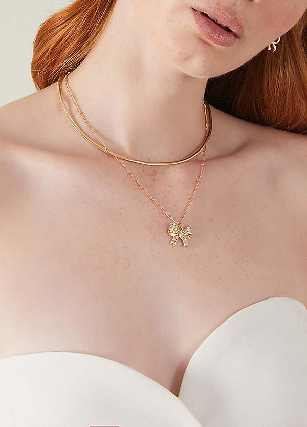 Accessorize Crystal Layered Pave Bow Pendant Necklace