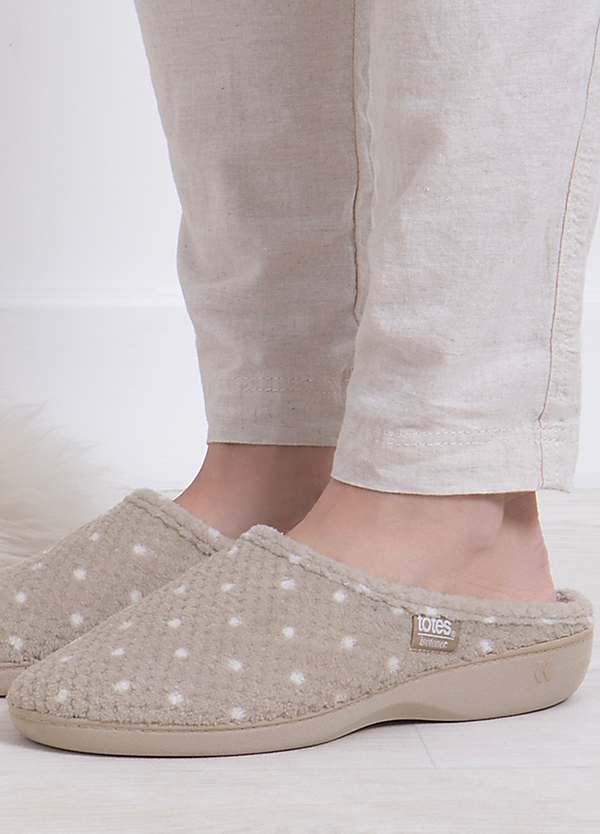 Totes Ladies Isotoner Popcorn Terry Mule Natural Spot Slippers