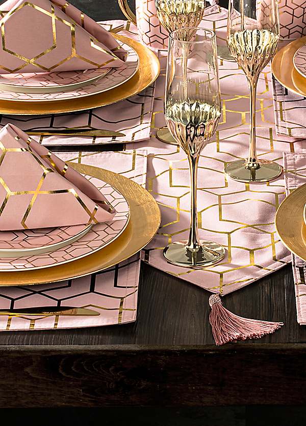 Waterside 9 Piece Tallulah Pink Gold Geo Table Runner Placemats Napkins Set Kaleidoscope