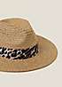 Accessorize Natural Leopard Trim Straw Fedora Hat | Kaleidoscope