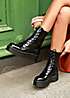 Linzi Hunter Black High Shine Faux Leather Chunky Military Boots ...